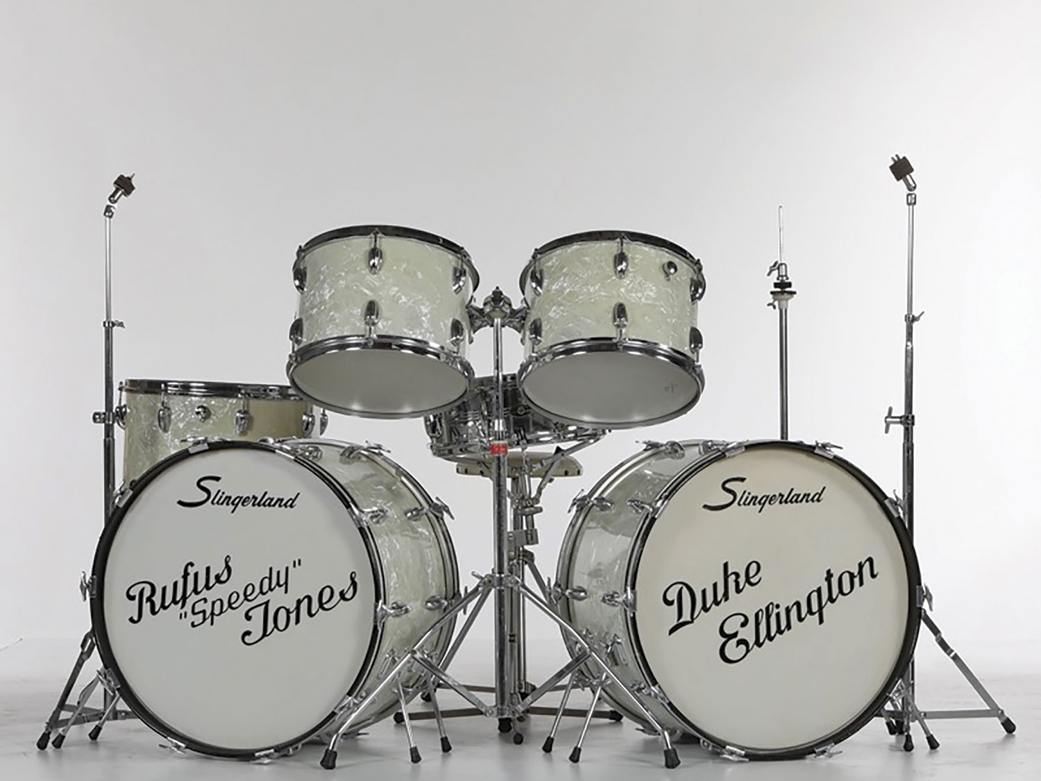 Rufus “Speedy” Jones’ Slingerland White Marine Pearl double bass kit ...